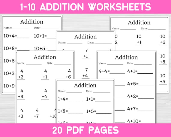 1-10 Addition Printable Worksheets. Preschool Worksheets. | Etsy