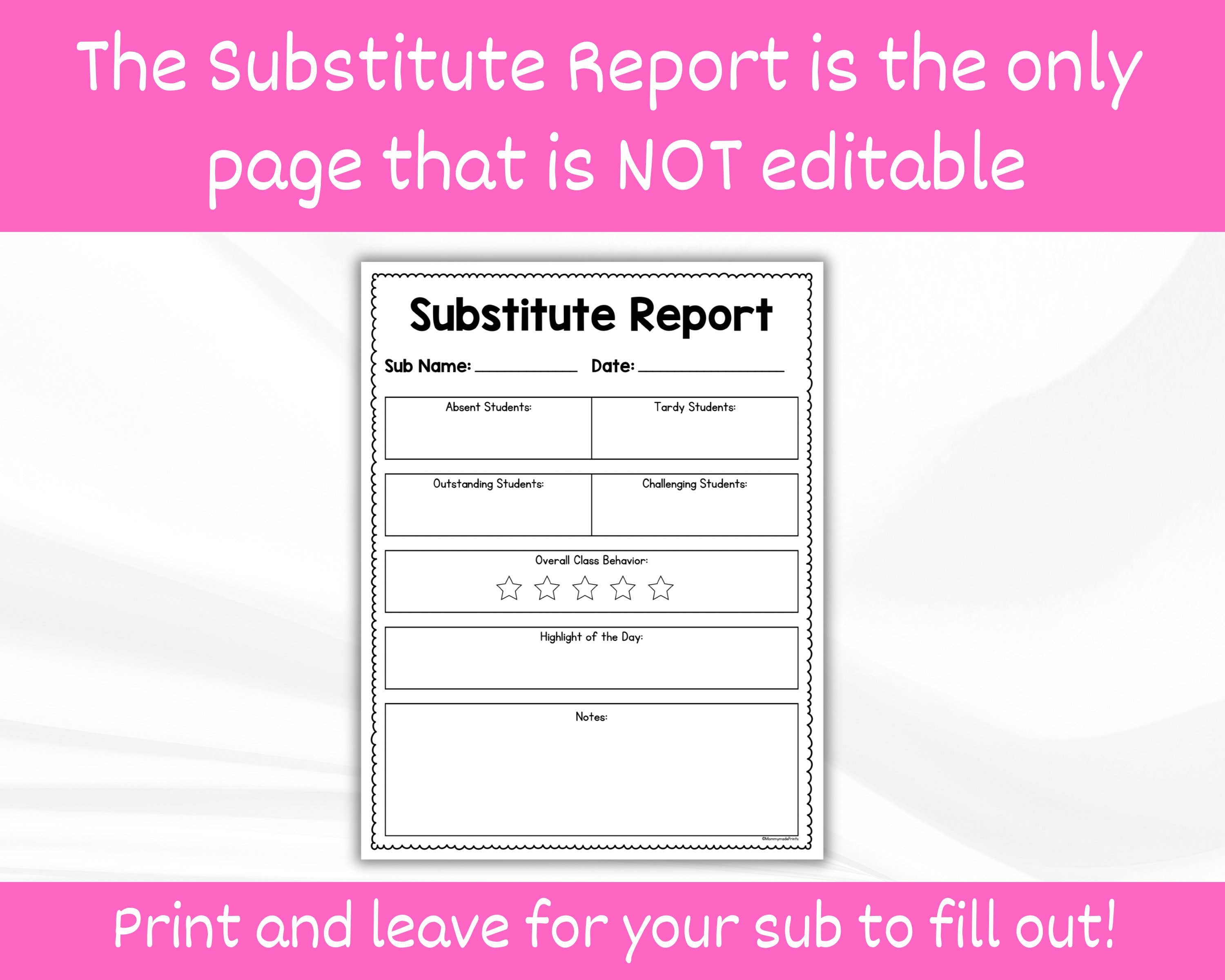 Editable Substitute Plans Binder. Substitute Teacher Report - Etsy