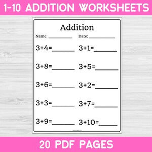1-10 Addition Printable Worksheets. Preschool Worksheets. | Etsy