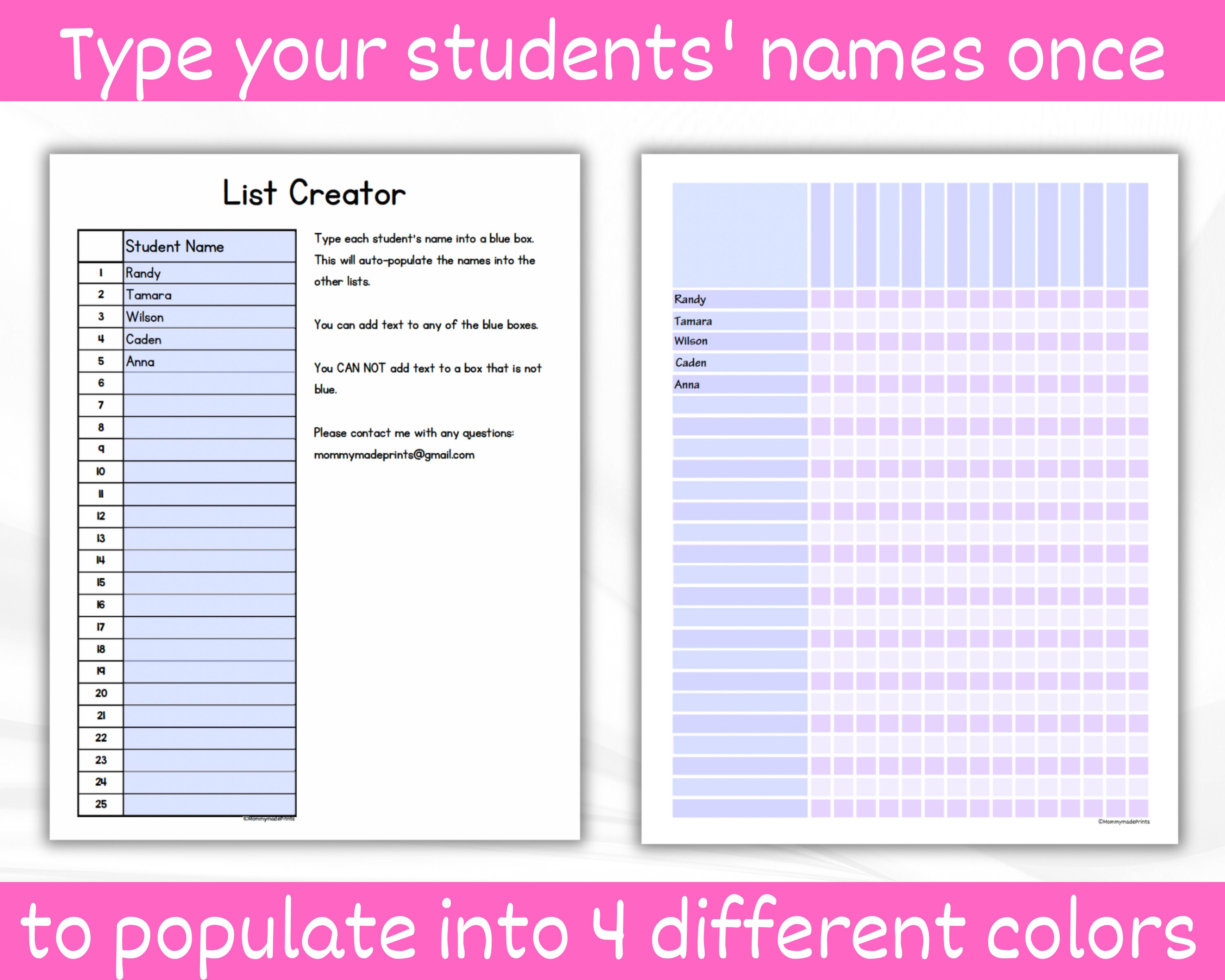Editable Teacher Gradebook Boxes Printable for 25 Students. Teacher ...