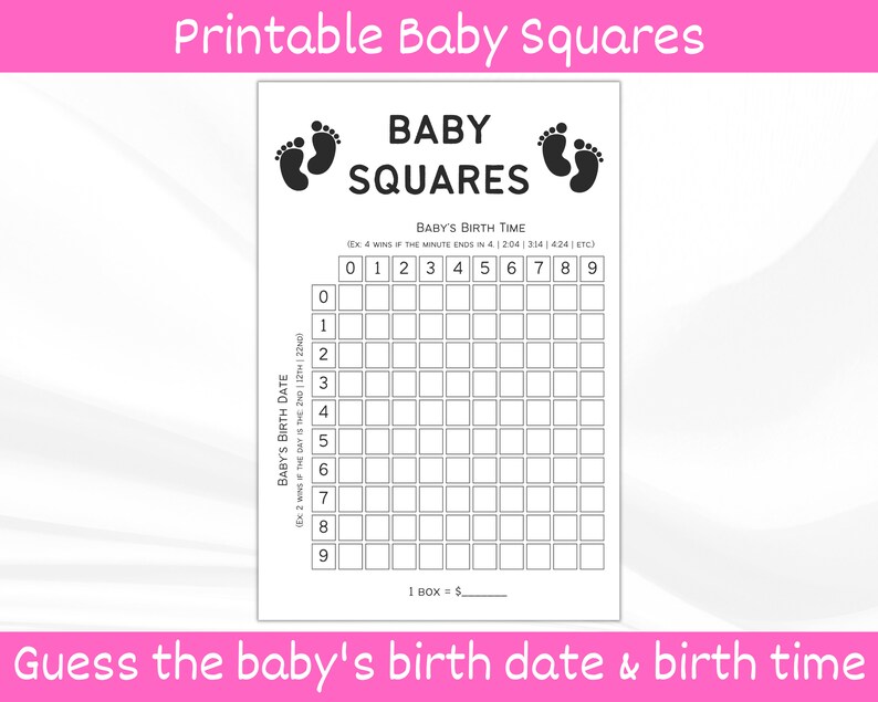 Baby Betting Squares Printable. Due Date Calendar. Baby Shower Games ...