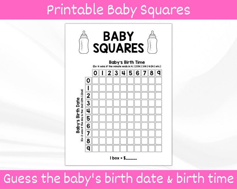 Baby Betting Squares Printable. Due Date Calendar. Baby Shower Games ...
