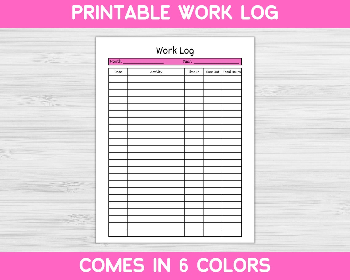 Monthly Work Log Printable. Time Log. Task Log. Working Hours - Etsy