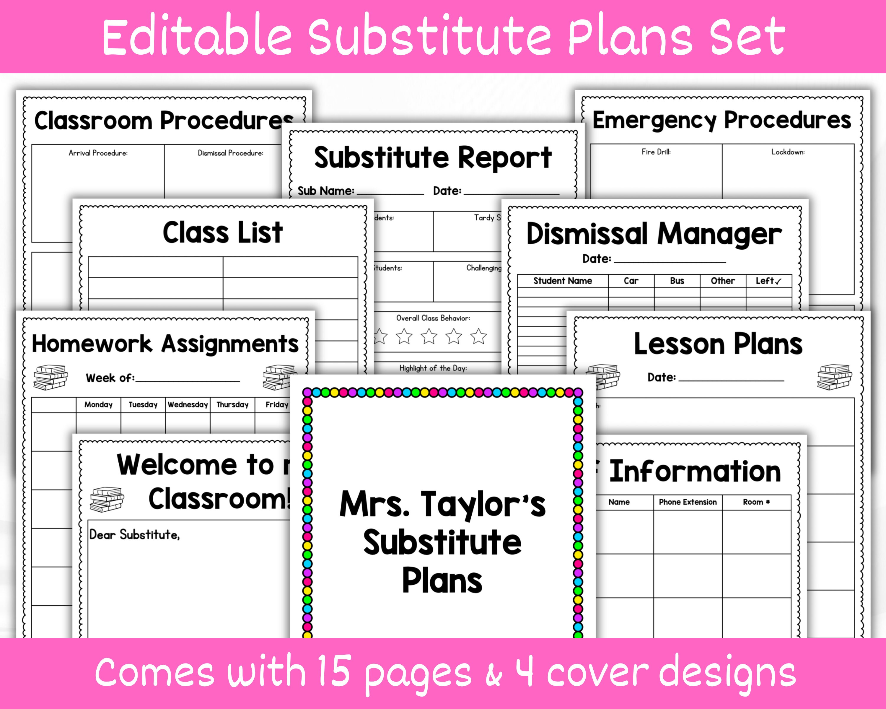 Editable Substitute Plans Binder. Substitute Teacher Report Note ...