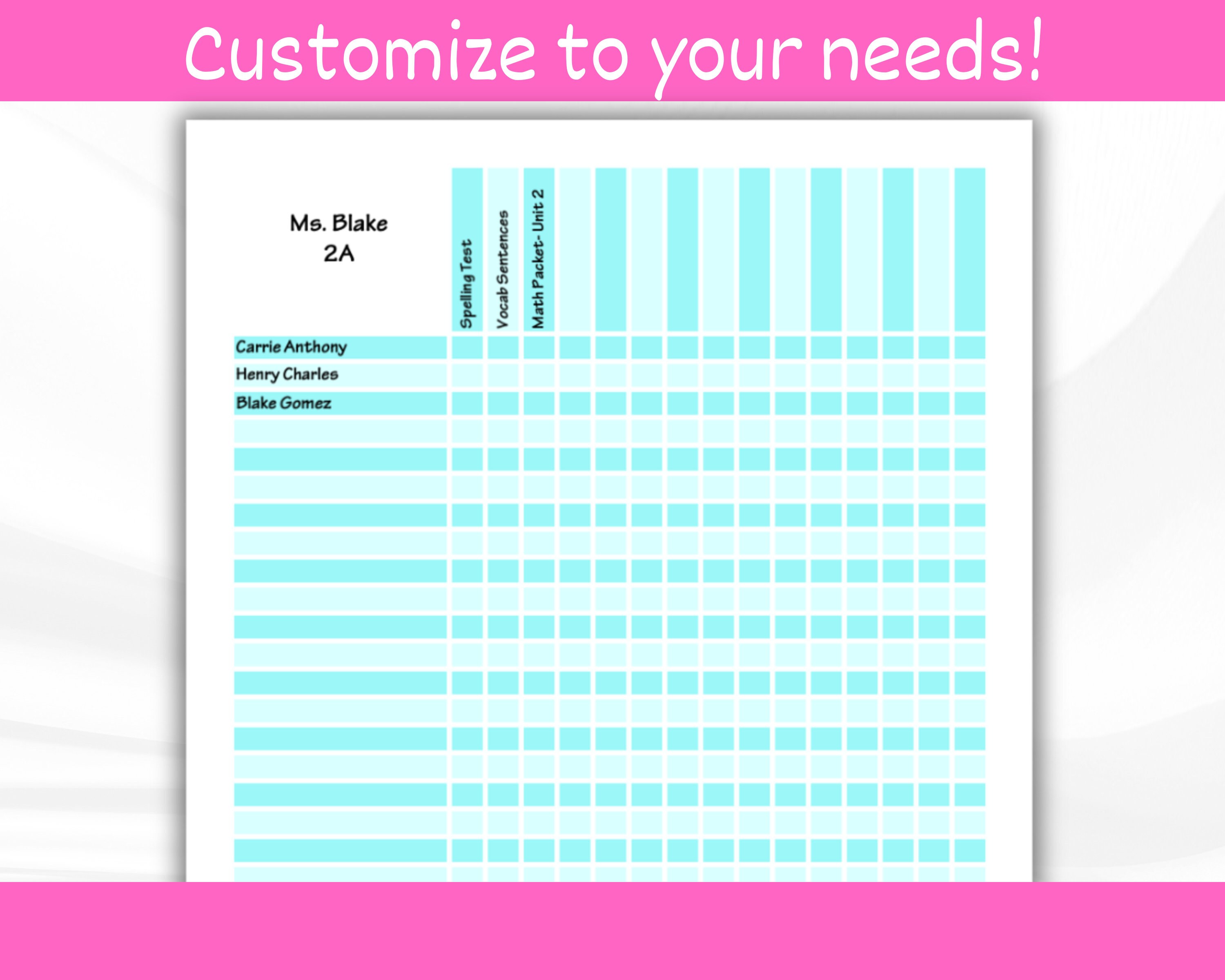 Editable Teacher Gradebook Boxes Printable for 30 Students. Teacher ...