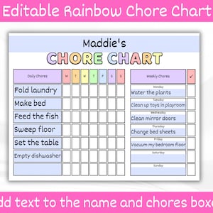 Editable Rainbow Chore Chart. Kids Daily Chore List. Daily ...