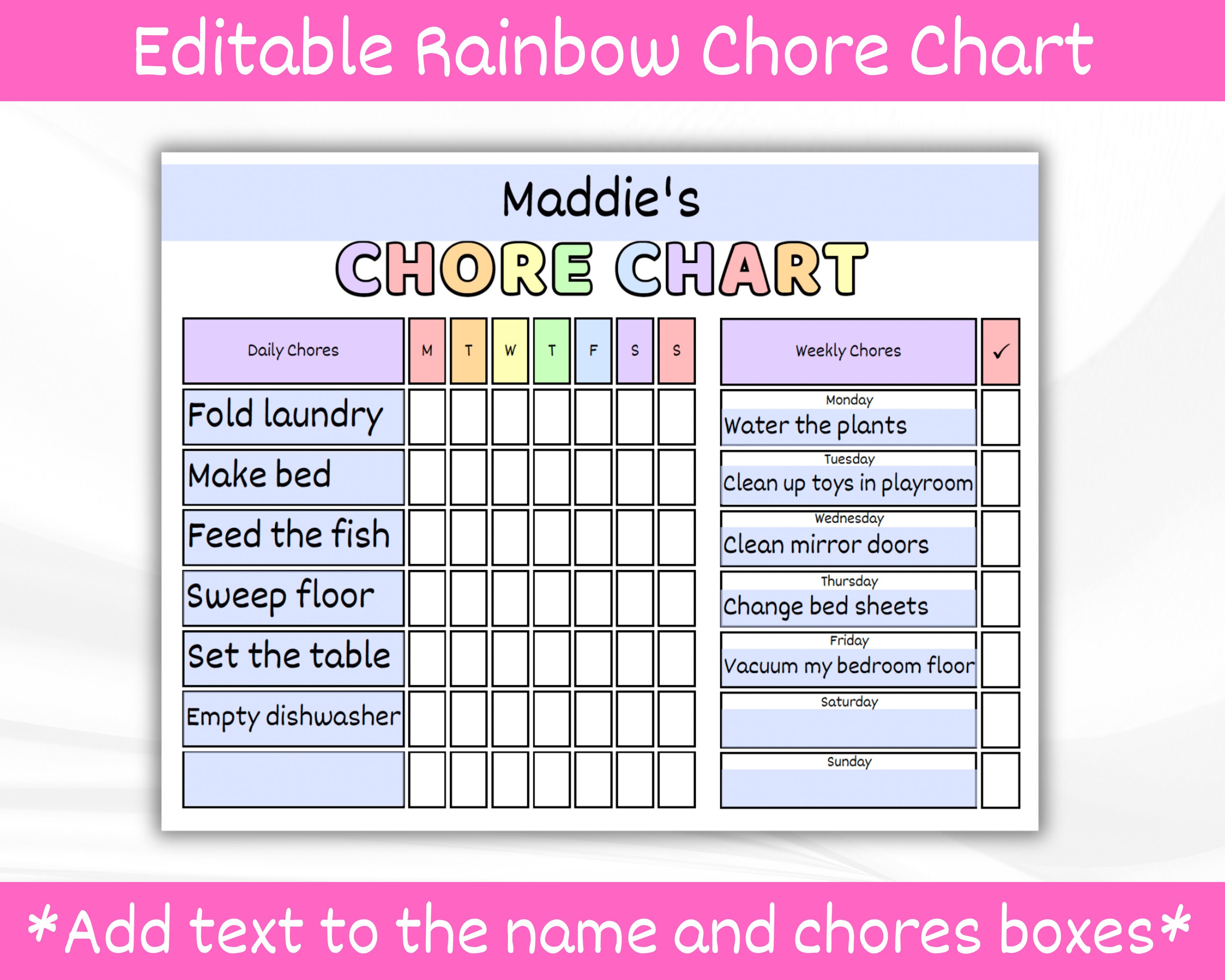 Editable Rainbow Chore Chart. Kids Daily Chore List. Daily ...