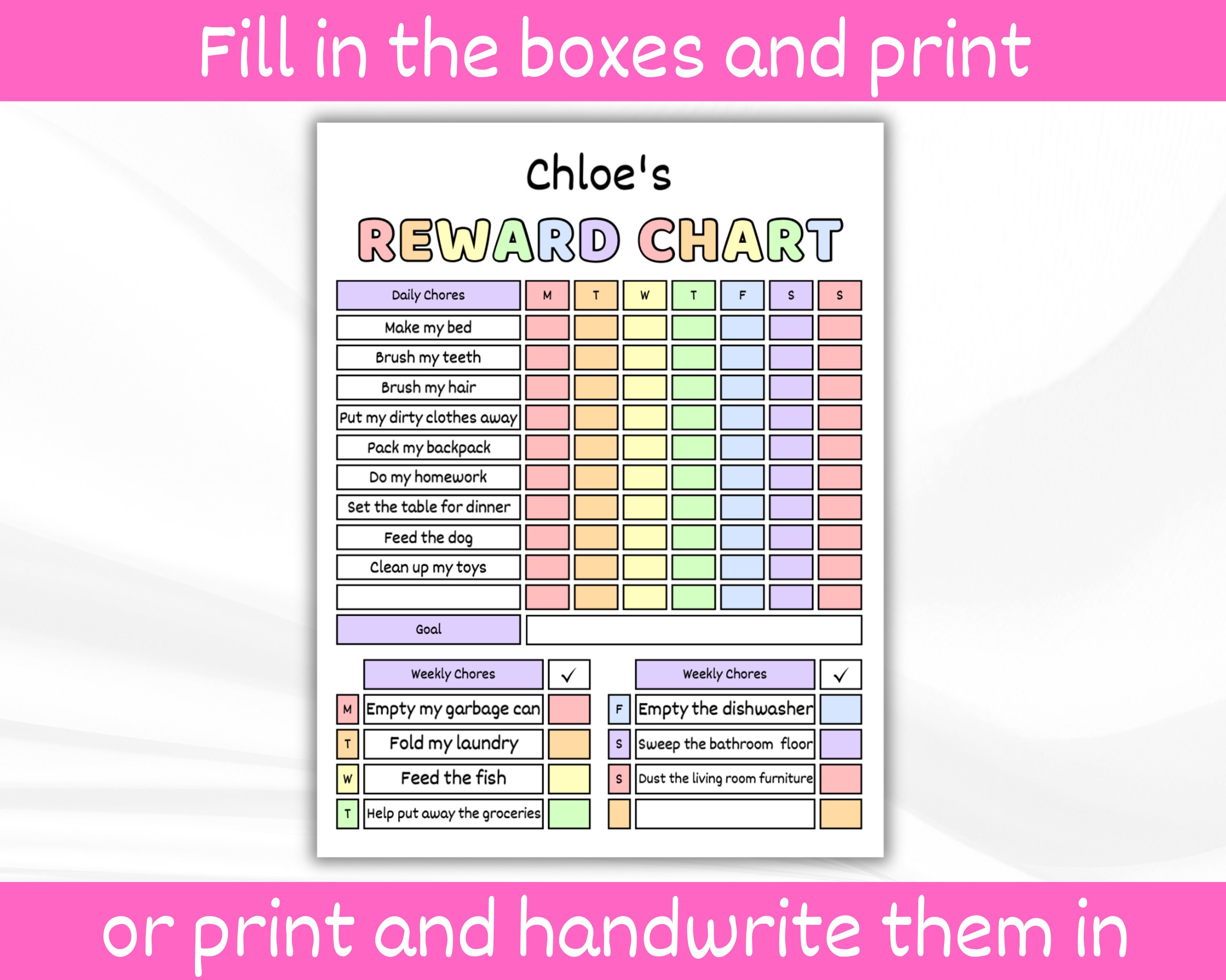 Editable Rainbow Reward Chart for Kids. Kids Daily Chore List. Daily ...