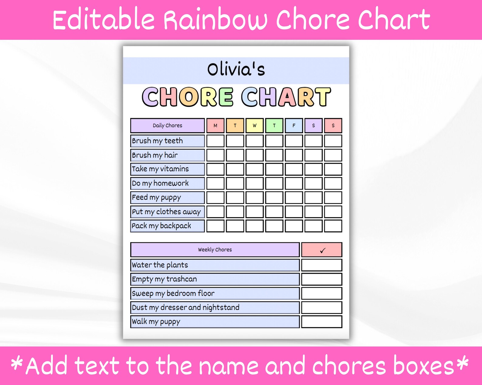 Editable Rainbow Chore Chart. Kids Daily Chore List. Daily ...