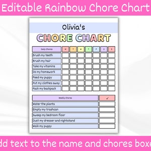 Editable Rainbow Chore Chart. Kids Daily Chore List. Daily ...
