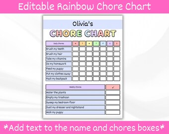Editable Rainbow Chore Chart. Kids Daily Chore List. Daily ...