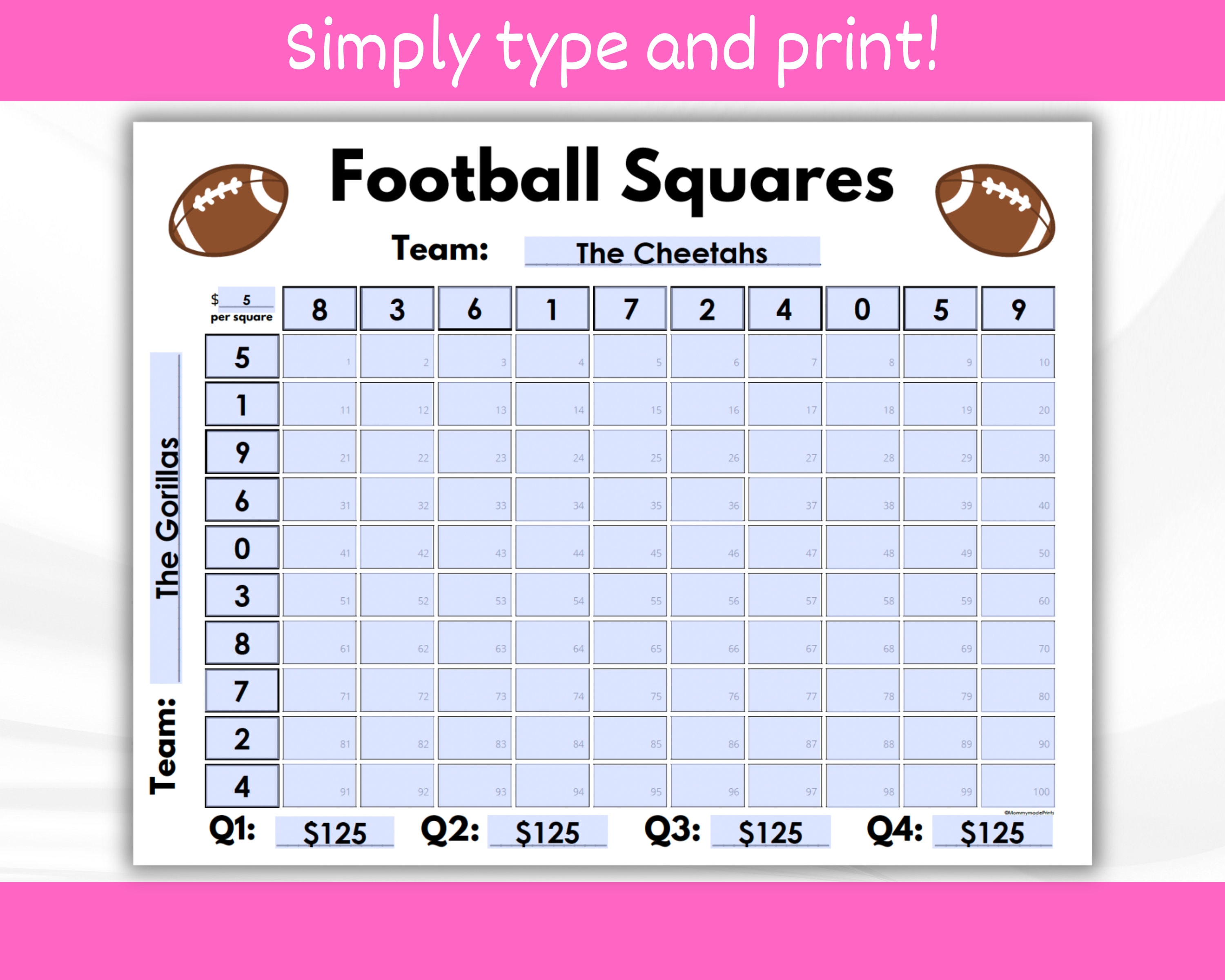 Editable Football Squares Printable. Football Betting Game. Football ...