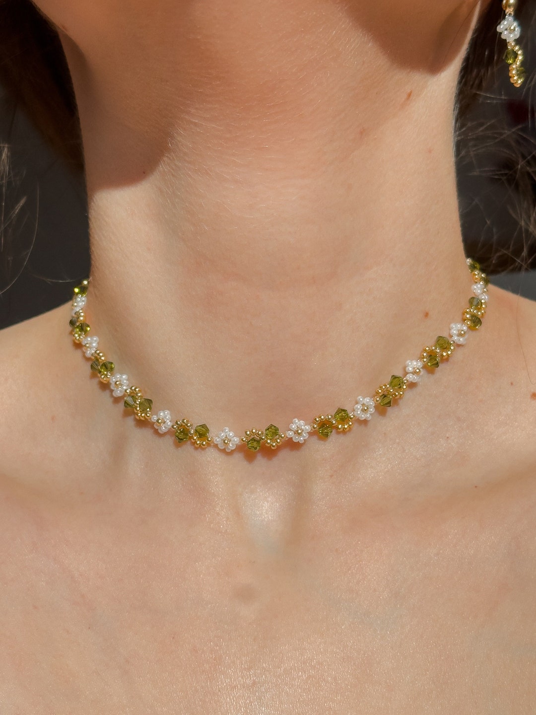 Flower Necklace, Dainty Necklace, Beaded Flower Necklace, Sterling ...