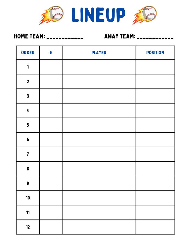 Printable Baseball/softball Line up Sheet | Batting Lineup | Batting ...
