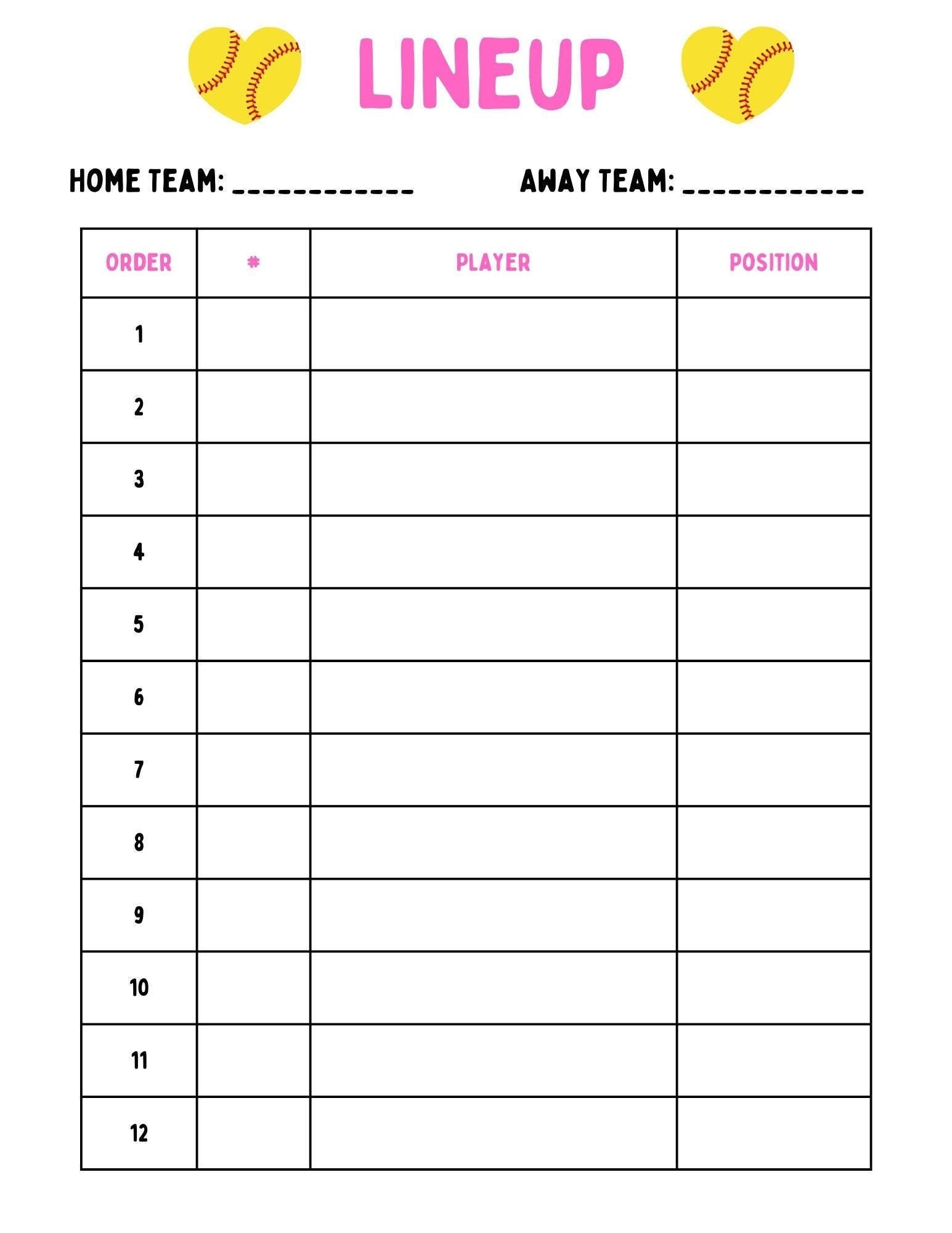 Printable Baseball/softball Line up Sheet | Batting Lineup | Batting ...