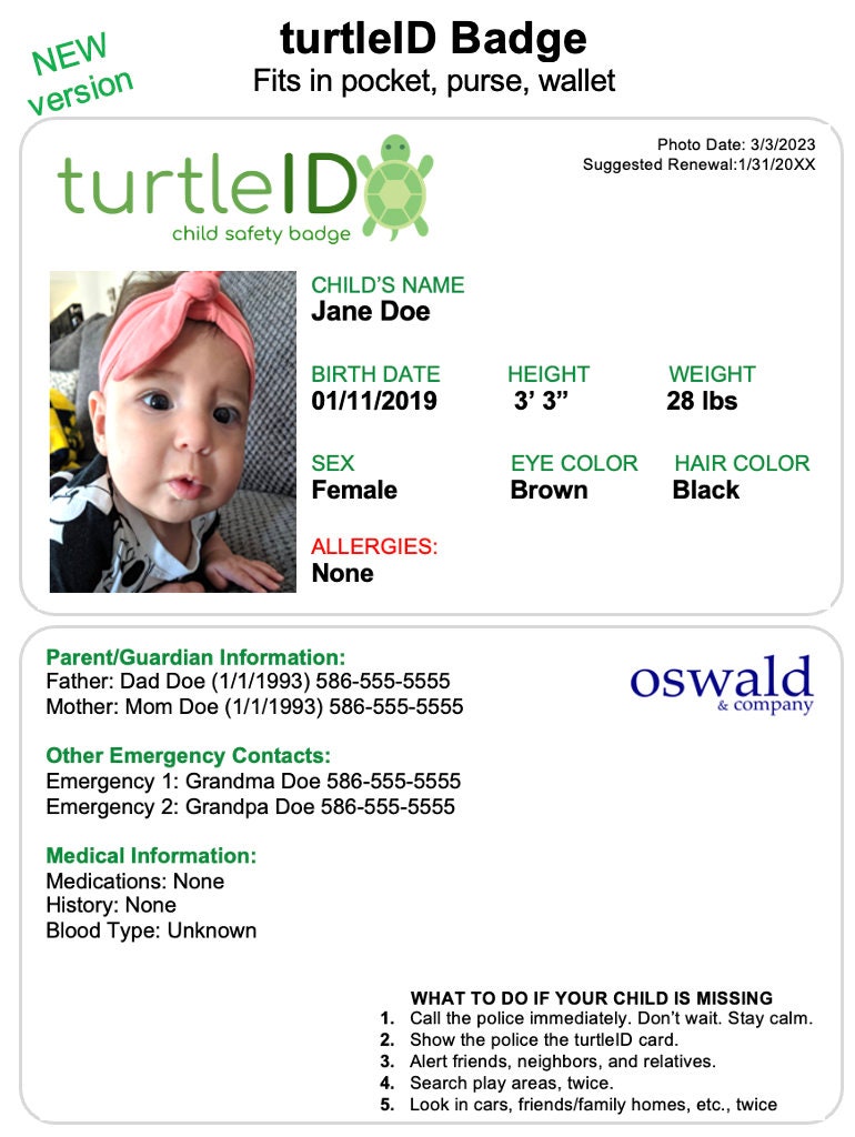 Children ID, Safety Badge, ID Card, Keeping Kids Safe, Family ID ...