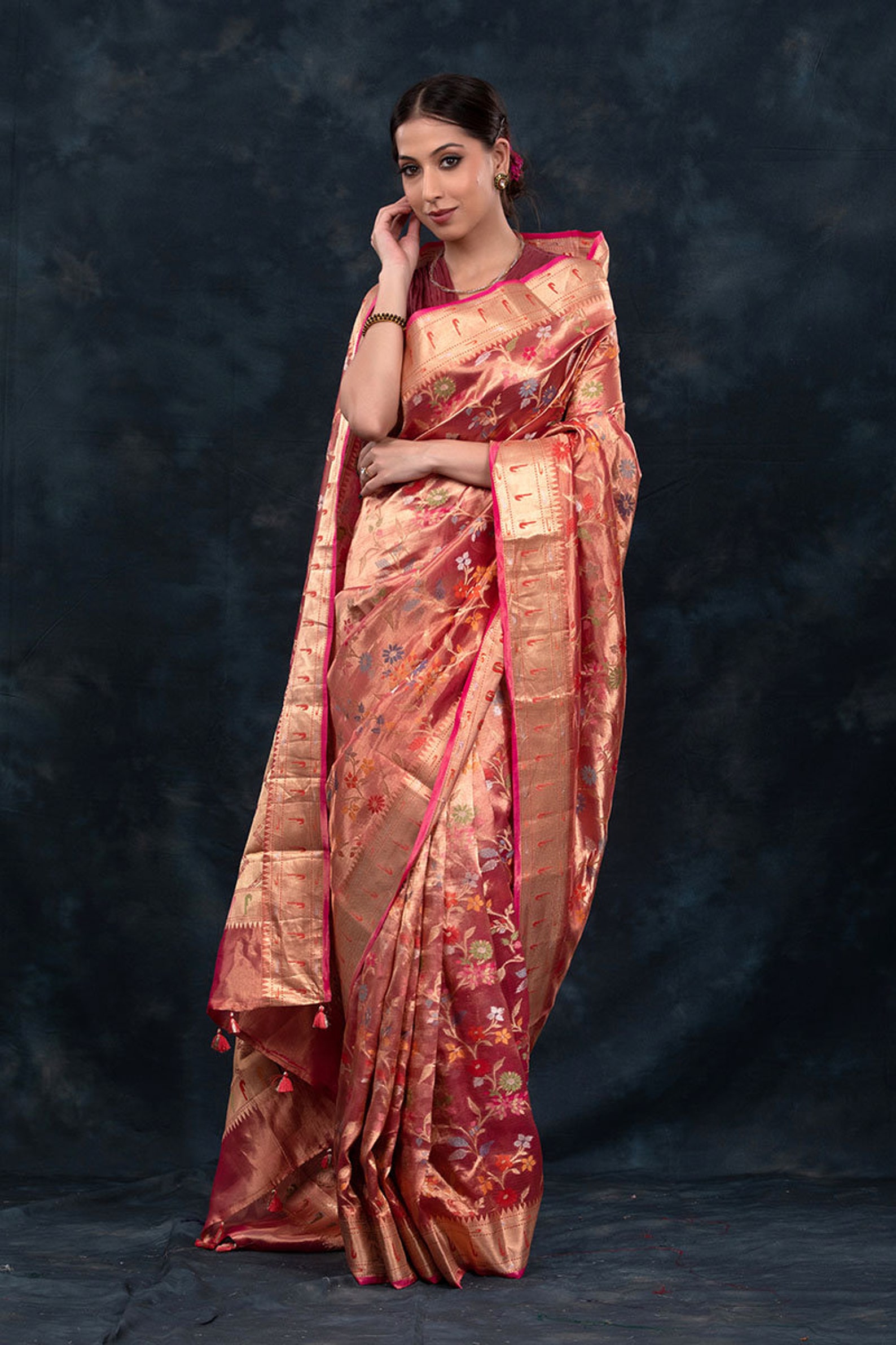 Rose Gold Floral Jaal Woven Tissue Silk Saree - Etsy