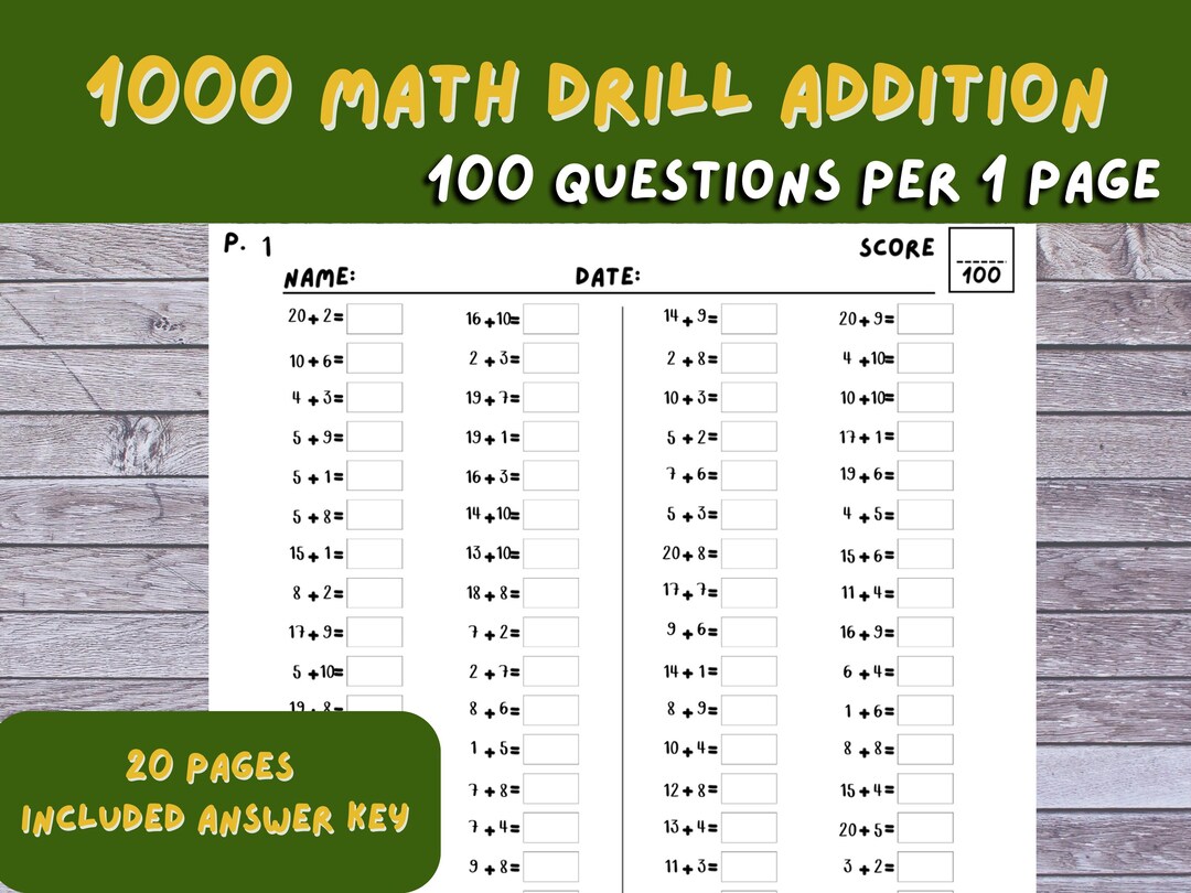 1000 Math Drill Addition Questions (numbers 1-20)printable PDF - Etsy