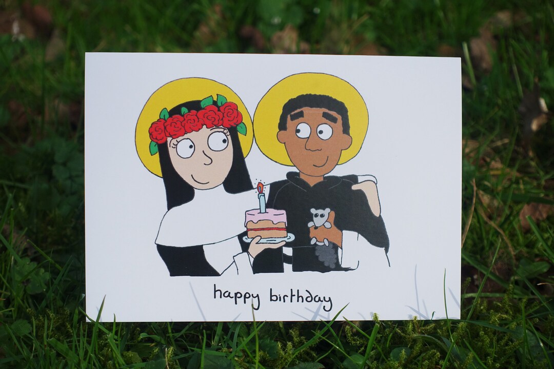 St Rose and St Martin Happy Birthday Card Cartoon Saints Fun Catholic ...