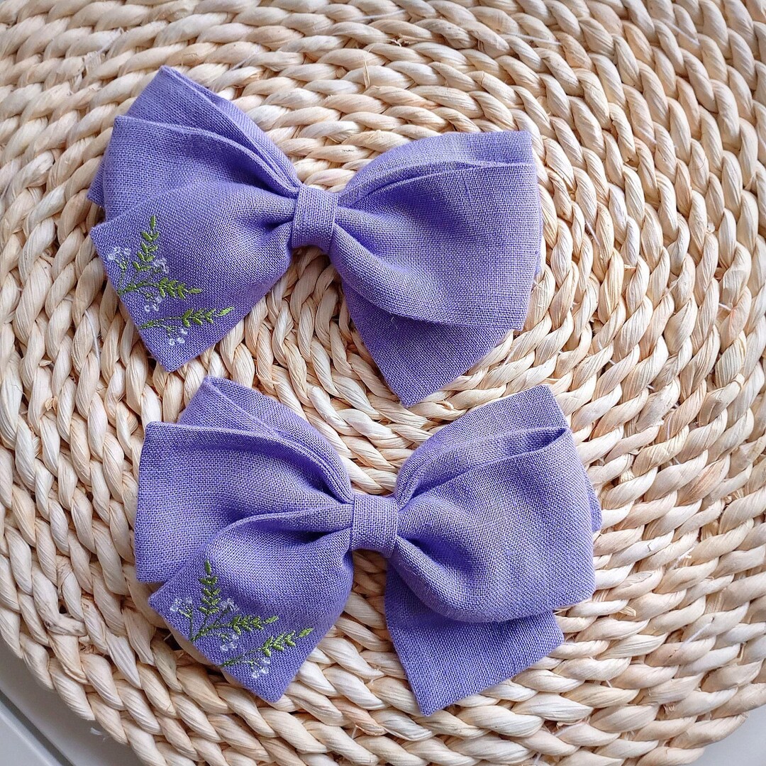 Embroidered Hair Bow, Layered Linen Hair Bow, B Hair Clip, Gift Bow ...