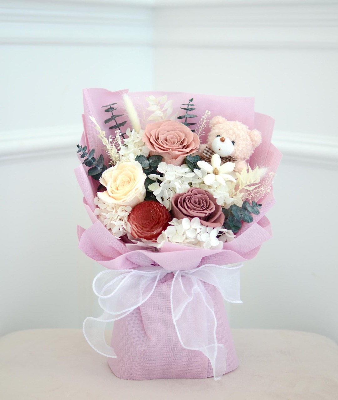 Forever Flowers Bouquet, Forever Roses With Bear Flower Gift - Etsy