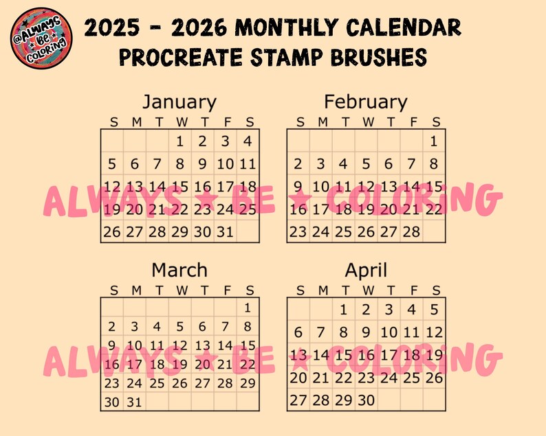 Procreate 2025 and 2026 Calendar Stamps, Blank Calendar Stamps for ...