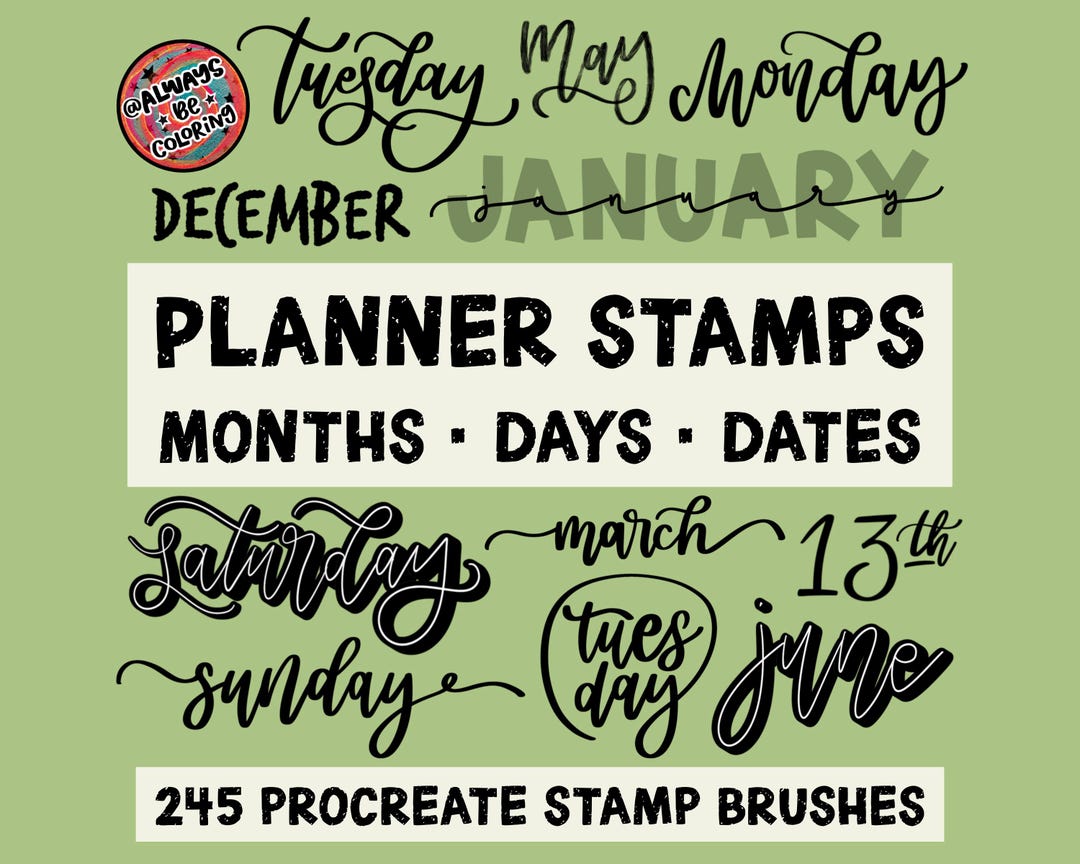 245 Procreate Dates, Days of the Week and Months Stamps for Digital ...