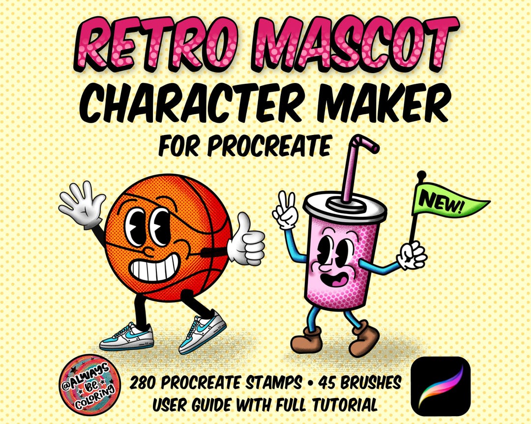 Procreate Retro Mascot Character Maker Set! 280 Procreate Stamps, 45 ...