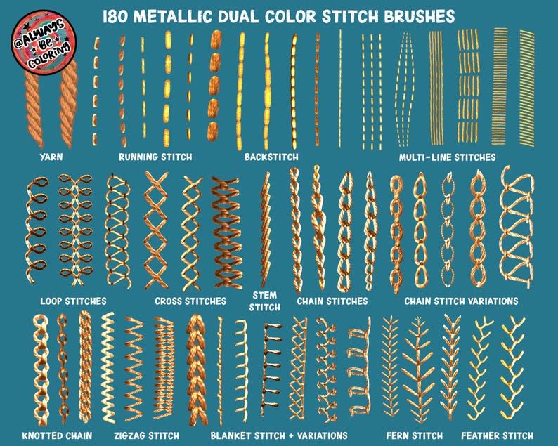 222 Metallic Stitch Procreate Brushes, Fabric Seamless Texture Brushes ...