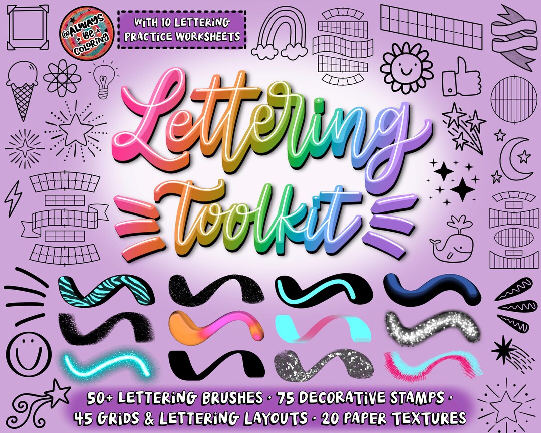 215 Procreate Lettering Brushes, 3D & Glitter Brushes, Stamps, Grids ...