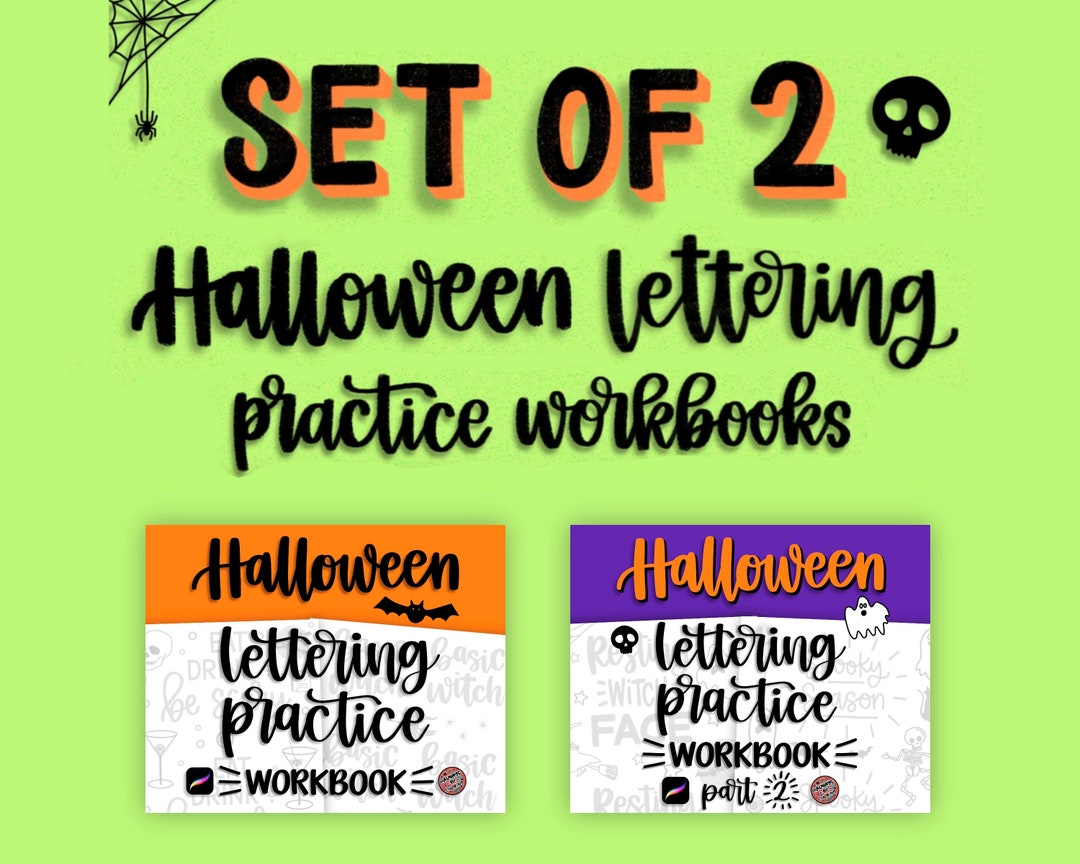 Set of TWO Halloween Lettering Practice Workbooks, 25 Procreate Brushes ...