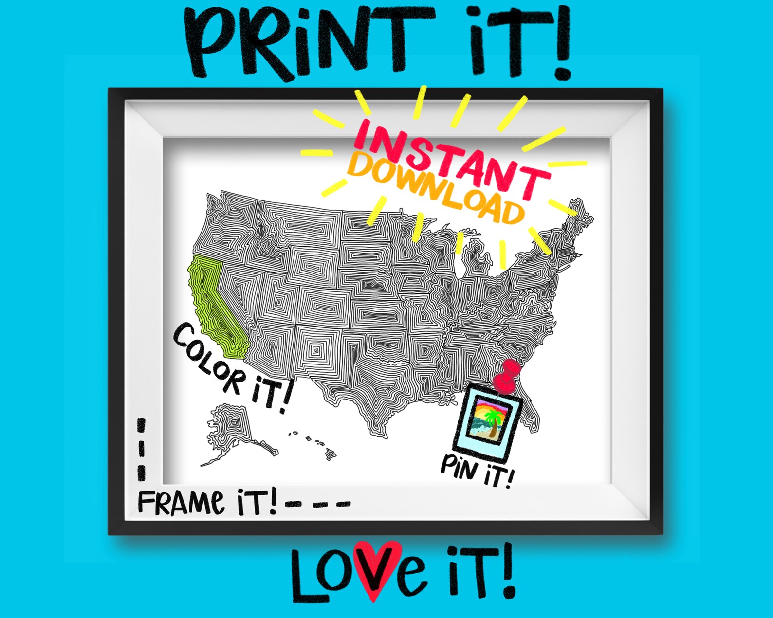 State Lines, USA Wall Art, Printable Digital Download, Line Art, Home ...