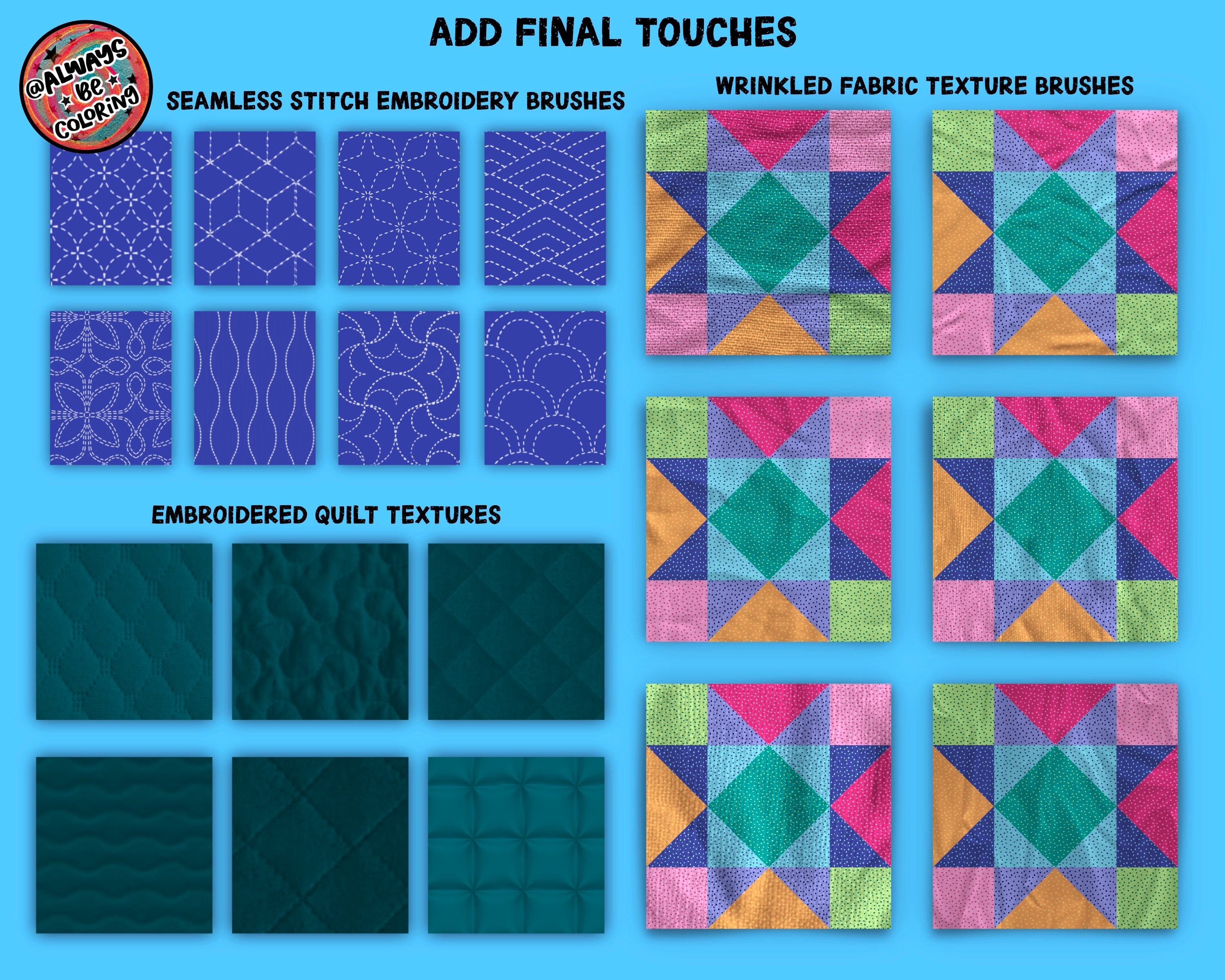 335 Procreate Quilt Brushes, Fabric Seamless Texture Brushes, Digital ...