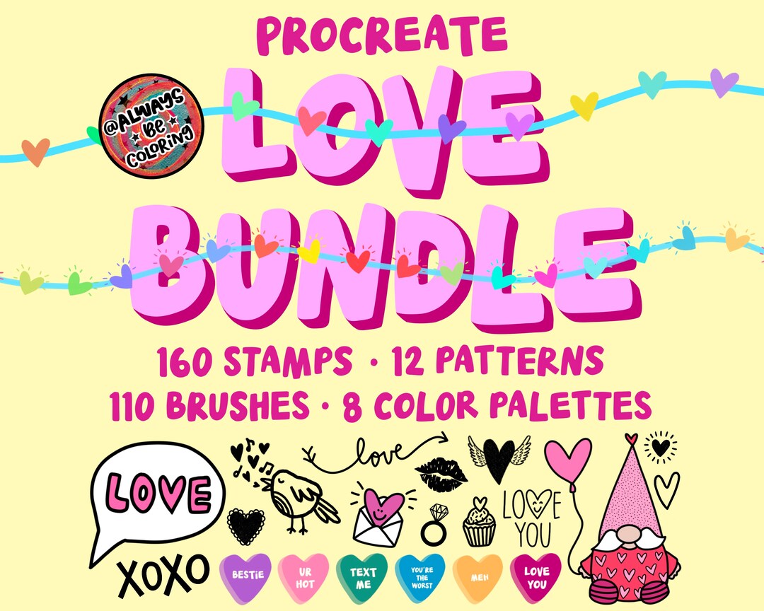 280 Procreate Love & Valentines Brushes and Stamps, 8 Color Palettes ...