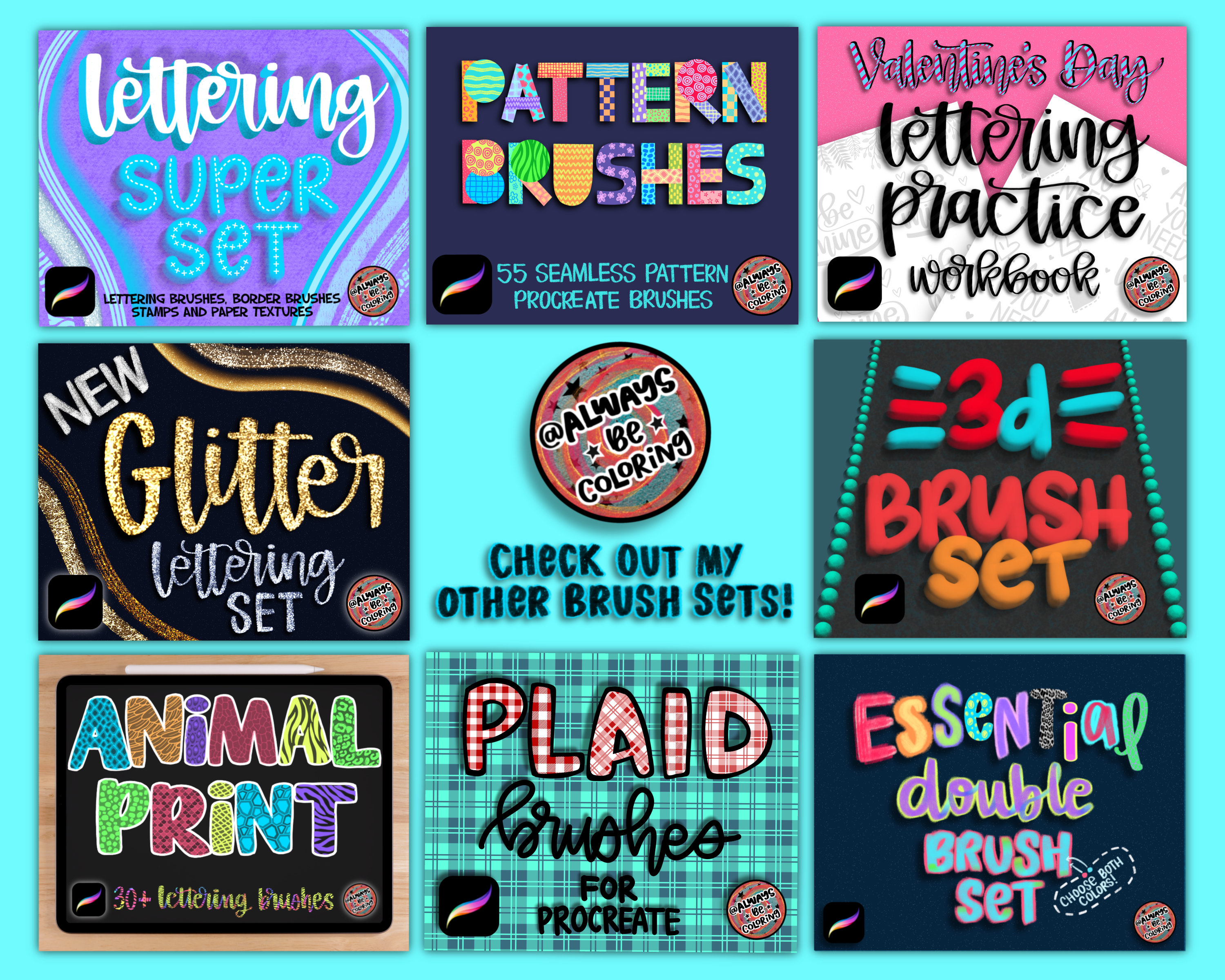 7 Procreate Brushes & 10 Lettering Practice Worksheets New | Etsy