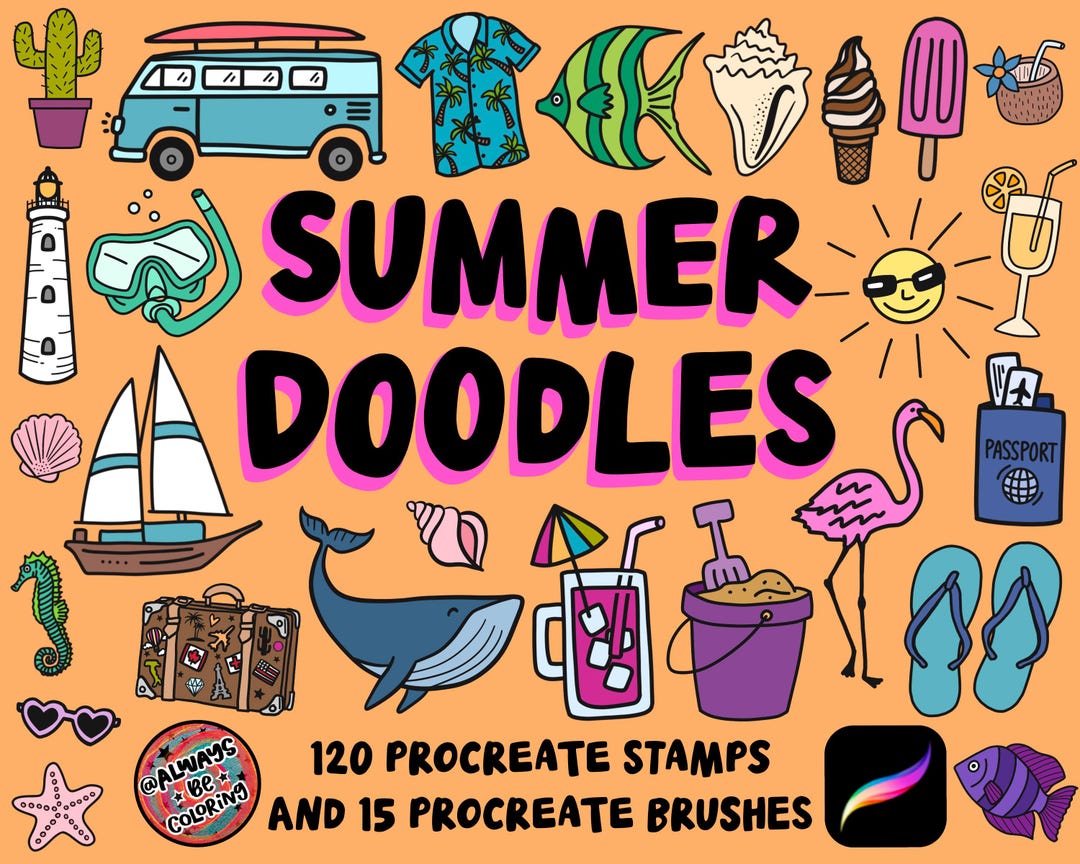 Procreate Summer Doodles Stamp and Brush Set With Ocean Animals, Summer ...