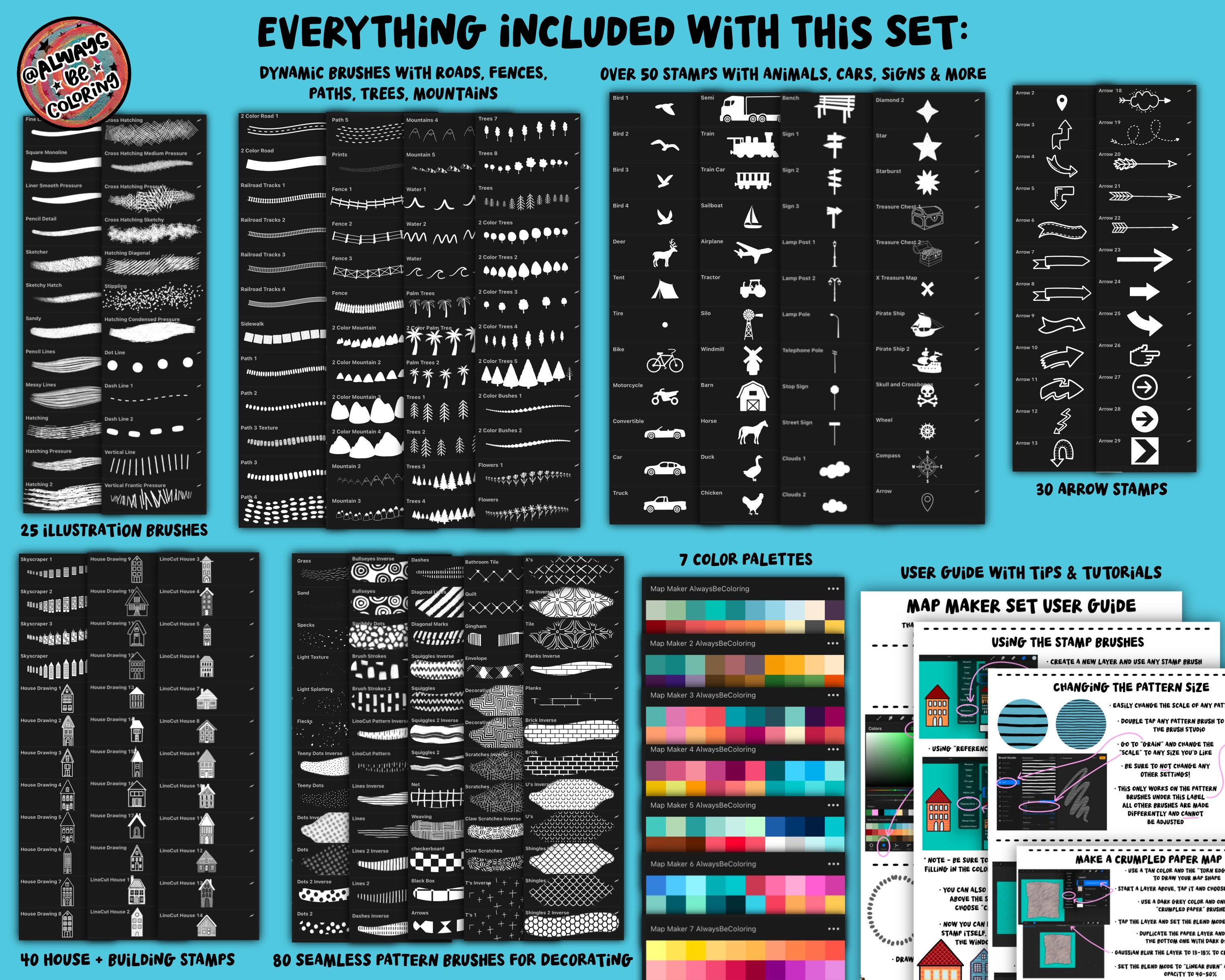 Procreate Map Maker Brush Bundle, 300 Brushes, Hand Drawn Stamps ...