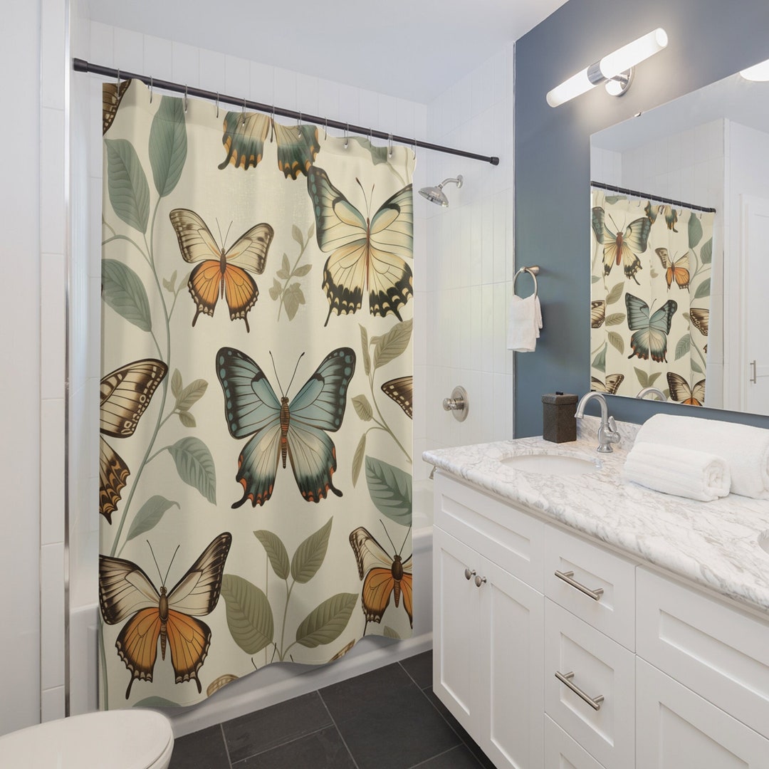 Vintage Butterfly Shower Curtain Bathroom Decor, Vintage Shower Curtain ...