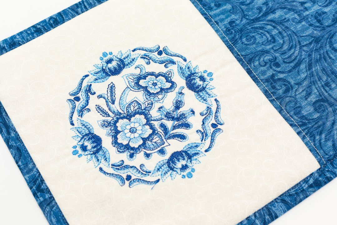 Blue Delft Floral Medallions Vintage Inspired Embroidered Mug Rug ...