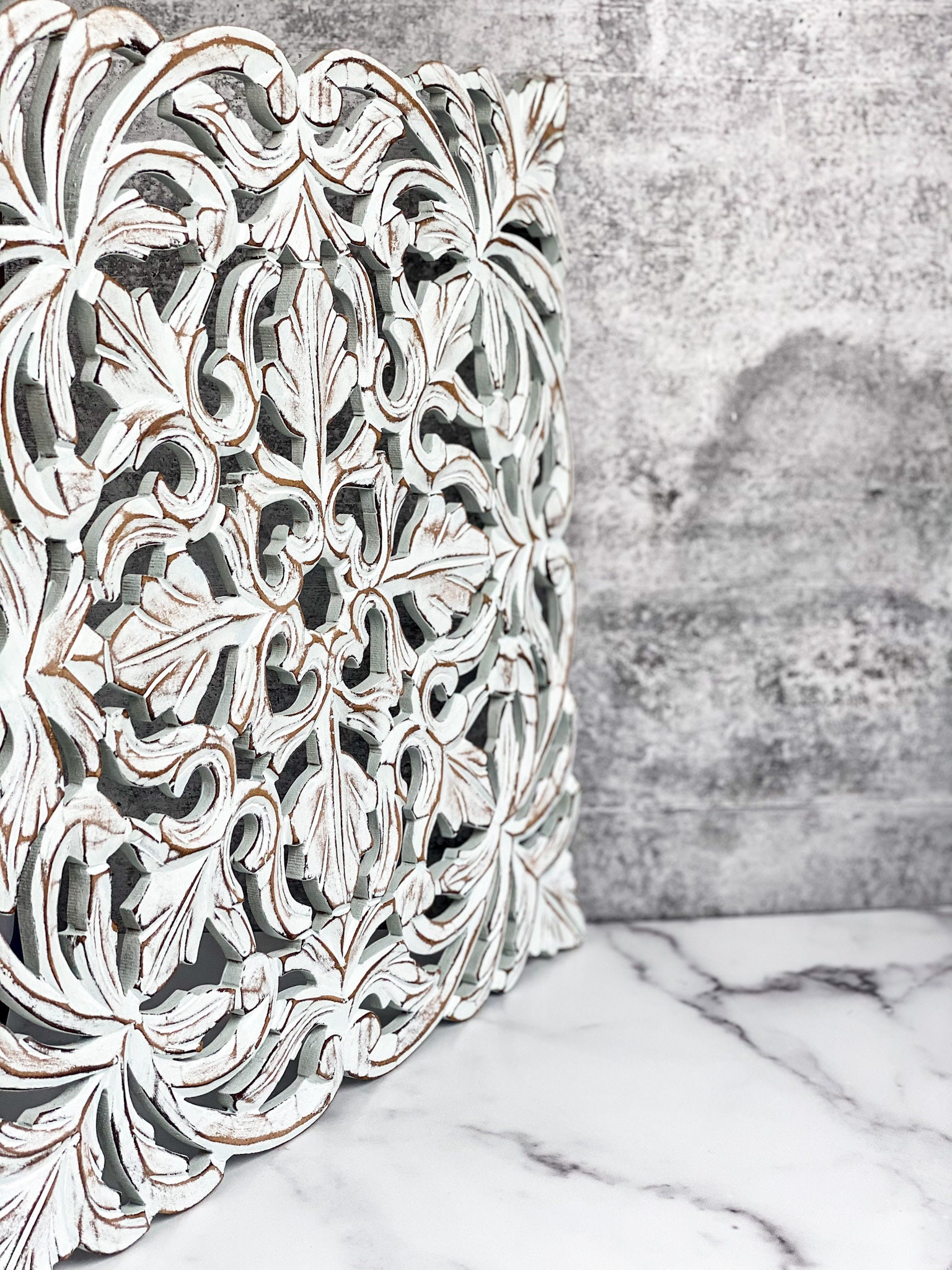 Vintage White Washed Wood Carved Square Wall Panel - Etsy