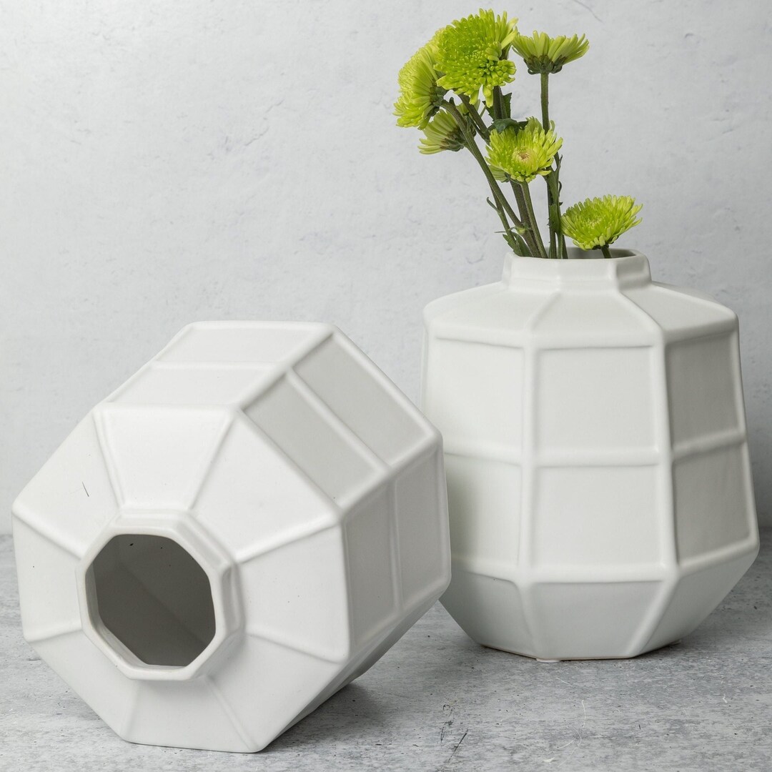 White Ceramic Embossed Short Vase - Etsy