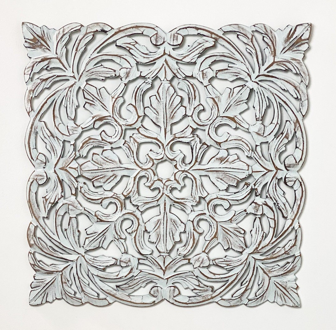 Vintage White Washed Wood Carved Square Wall Panel - Etsy