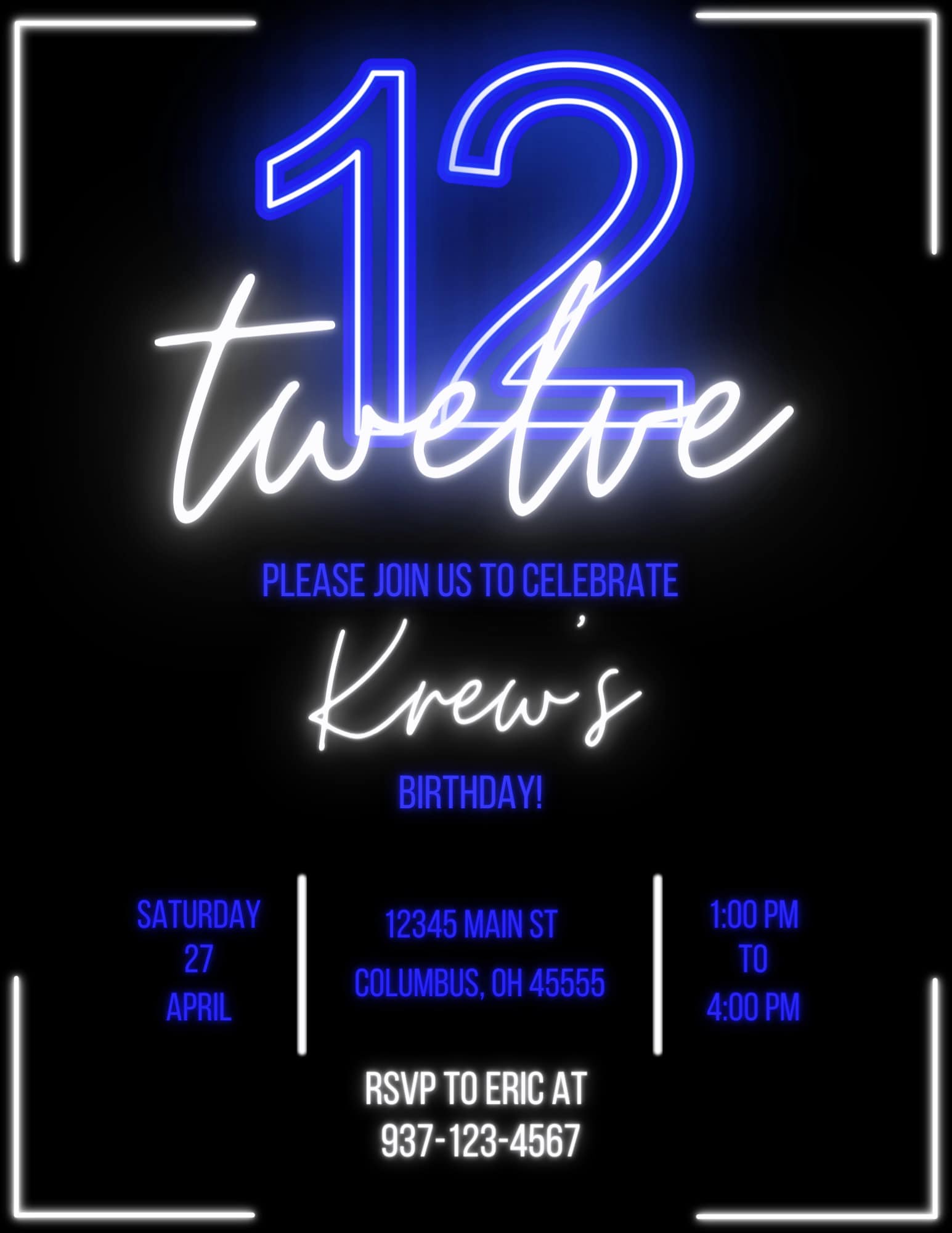 Digital Blue Glow 12th Birthday Party Invitation- Editable Canva ...