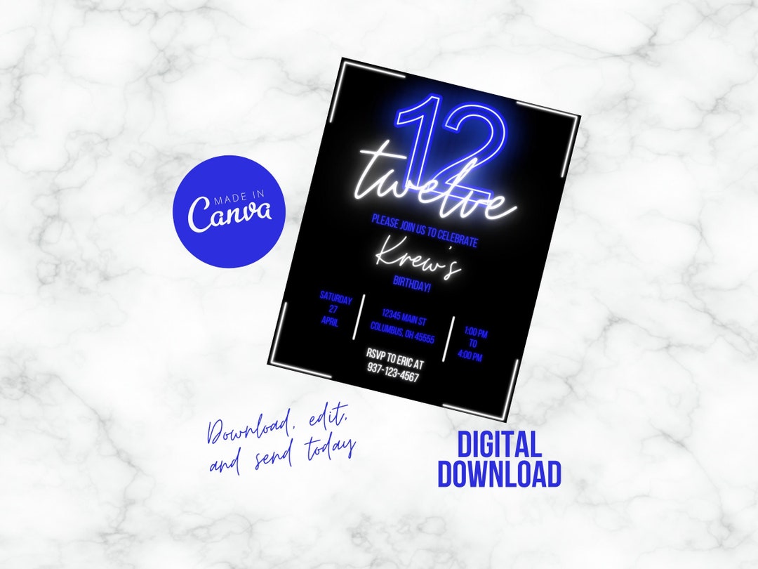 Digital Blue Glow 12th Birthday Party Invitation Editable Canva