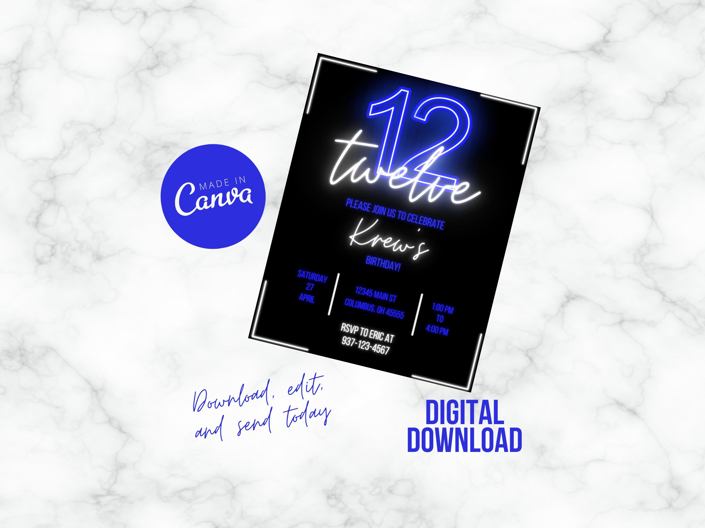 Digital Blue Glow 12th Birthday Party Invitation- Editable Canva ...