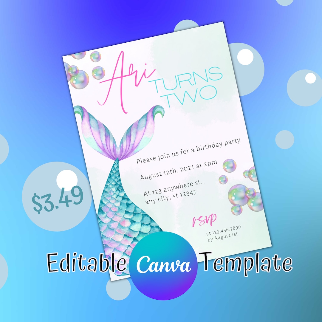 Mermaid Tail Birthday Invitation | Editable Template | Digital ...