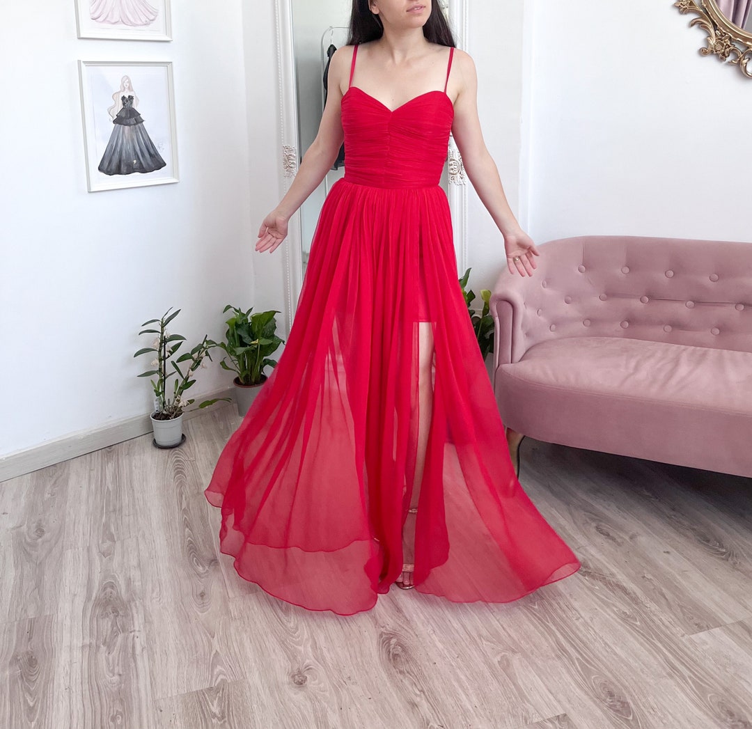 Long Silk Red Dress With Split and Corset - Etsy