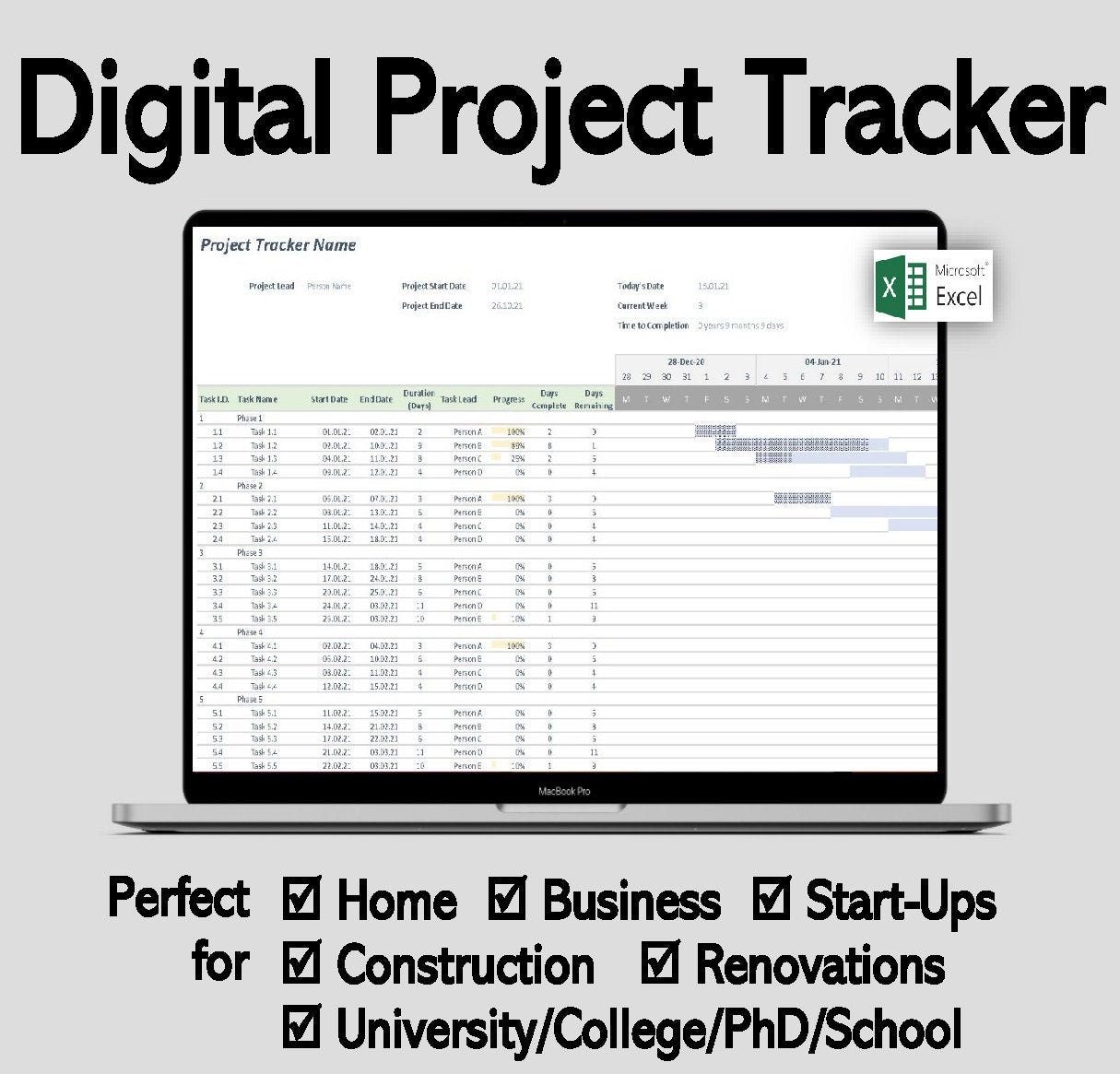 Project Tracker Gantt Chart Digital Excel Easy to Use | Etsy