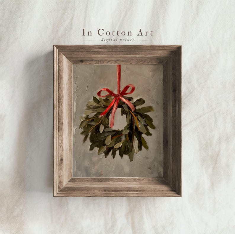 Rustic Christmas Wreath Wall Art PRINTABLE, Holiday Greenery Painting ...