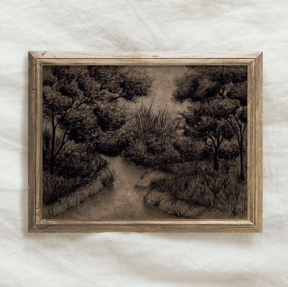 Moody Charcoal Landscape Drawing PRINTABLE / Vintage Dark | Etsy